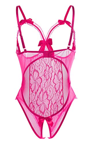 Women Sexy Teddy Lingerie One Piece Lace Babydoll Bodysuit Nightie Plus Size S-3XL (X-Large, Rose Red)