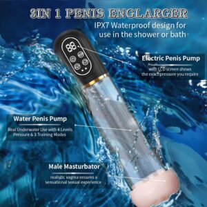 Penis Pump Penis Enlarger Extender with Lube,3 in 1 Men's Vibrator,Electric Penis Vacuum Pump with 12 Smart Training Modes,Penis Sleeve Male Masturbator Sex Toys for Men Bigger Stronger