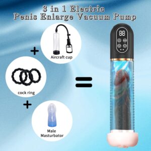 Penis Pump Penis Enlarger Extender with Lube,3 in 1 Men's Vibrator,Electric Penis Vacuum Pump with 12 Smart Training Modes,Penis Sleeve Male Masturbator Sex Toys for Men Bigger Stronger