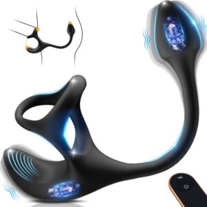 vibrating cock ring anal plug with prostate massager, 4 in1 taint stimulator penis ring vibrator couples adult sex toys for men, remote control anal butt plug vibrator for male sex toy couple