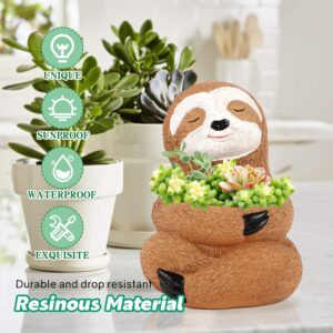 DUPOCHU Sloth Succulent Pot Planter, 4.7in Brown Resin, Cute Flower Garden Pot for Plants with Drainage Hole, Multifunctional Indoor Outdoor Decor