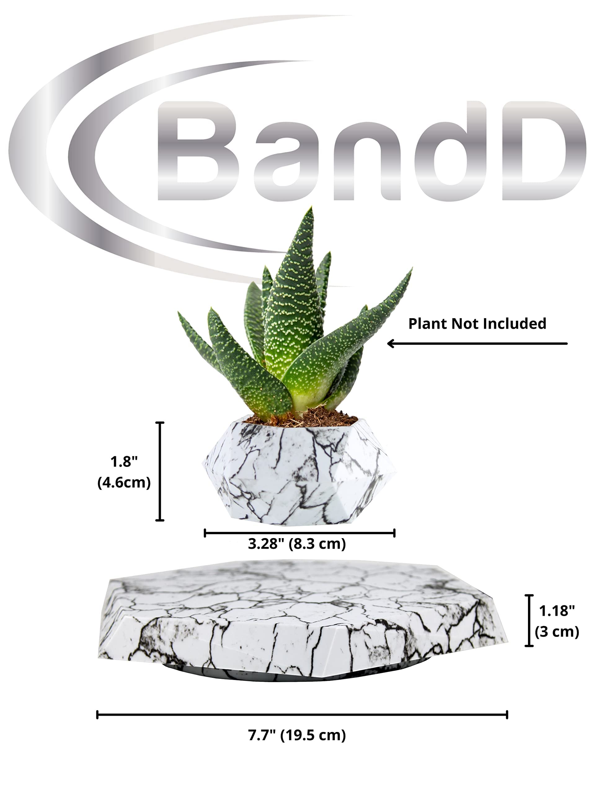 BandD Plant Pot for Succulents, air Bonsai & air Plants. Planter for Home, Office & Desk Decor. Magnetic Floating Levitating Display. (Marble)