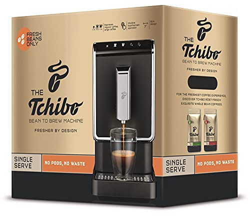 Tchibo Single Serve Coffee Maker Black - Automatic Espresso Coffee Machine with Induction Milk Frother for Rich, Creamy Froth - Built-in Bean Grinder, No Coffee Pods Needed