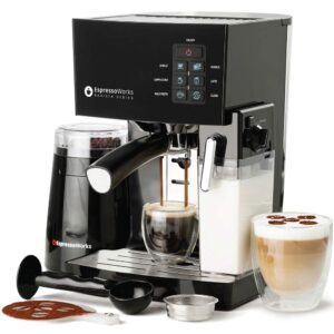 espressoworks 19-bar espresso, latte and cappuccino maker 10-piece set - brew cappuccino and latte with one button - espresso machine with milk steamer 1250w - coffee gifts (black)