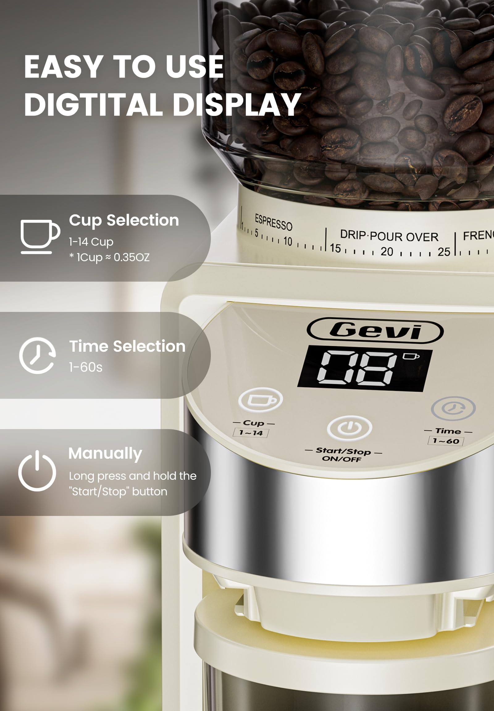 Gevi Electric Burr Coffee Grinder with 35 Grind Settings for Espresso, Drip, French Press - 120V