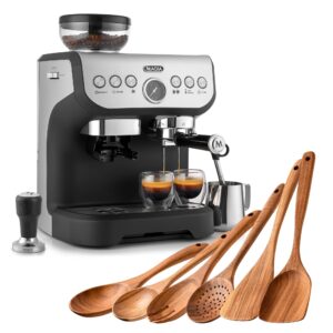 zulay kitchen magia manual espresso machine with grinder and extra large 2l removable water tank and 6 piece wooden spoons for cooking