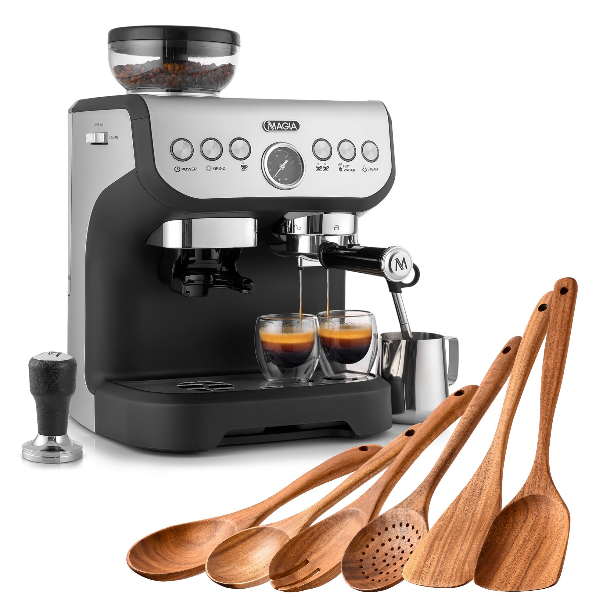 Zulay Kitchen Magia Manual Espresso Machine with Grinder and Extra Large 2L Removable Water Tank and 6 Piece Wooden Spoons for Cooking