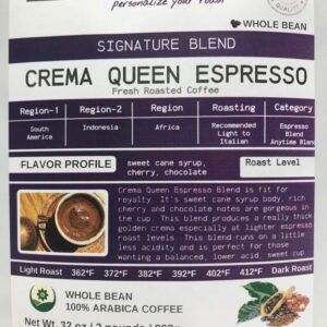 2-pound Crema Queen Espresso (Fresh Roasted Coffee) signature blend roasted-to-order daily medium roast whole bean we can grind or provide lighter or darker roast upon request message at checkout