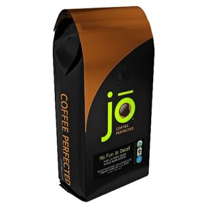 no fun jo decaf: 12 oz, organic decaf coffee, swiss water process, fair trade certified, medium dark roast, whole bean arabica coffee, usda certified organic, non-gmo