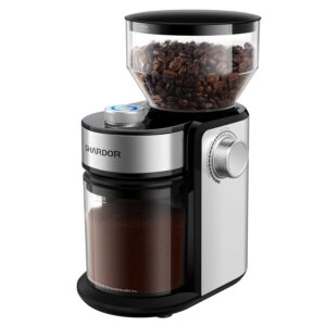 shardor coffee grinder, adjustable burr mill with 16 precise grind setting for 2-14 cup, silver