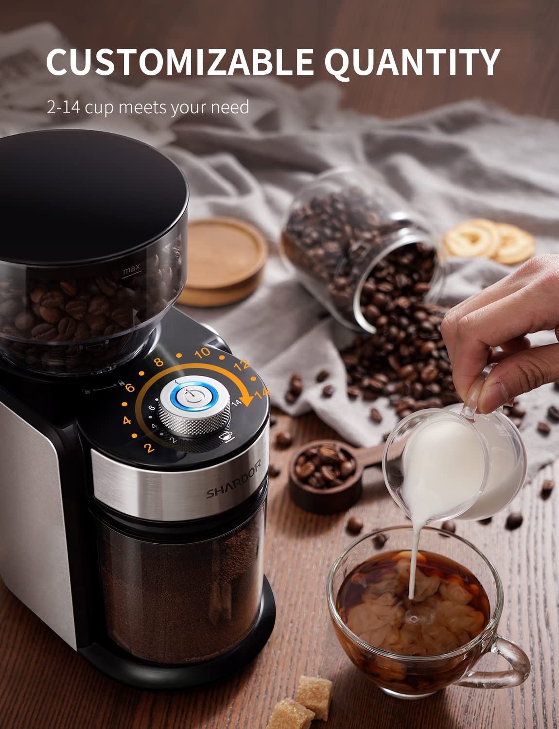 SHARDOR Coffee Grinder, Adjustable Burr Mill with 16 Precise Grind Setting for 2-14 Cup, Silver