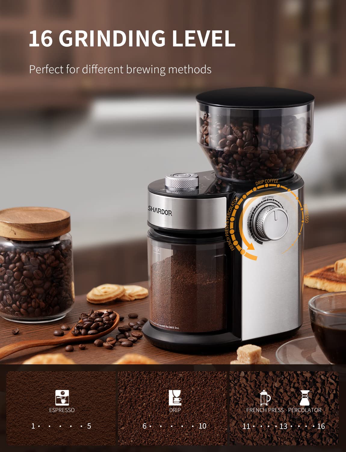 SHARDOR Coffee Grinder, Adjustable Burr Mill with 16 Precise Grind Setting for 2-14 Cup, Silver