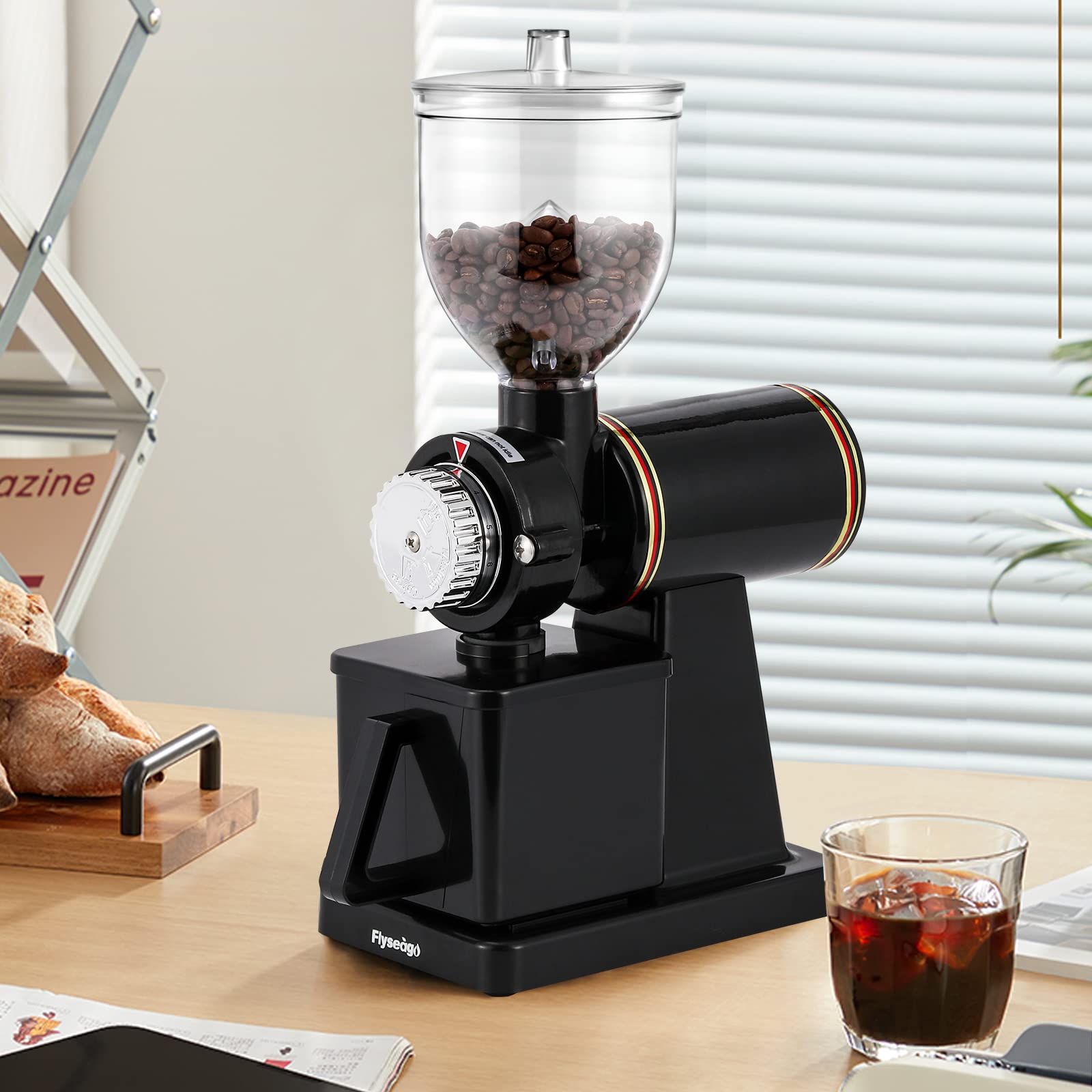 Flyseago Burr Coffee Grinder Electric Espresso Grinder Commercial & Homeuse Silent Small Coffee Bean Grinder with Hopper Adjustable Grind, With Brush, Spoon, Black