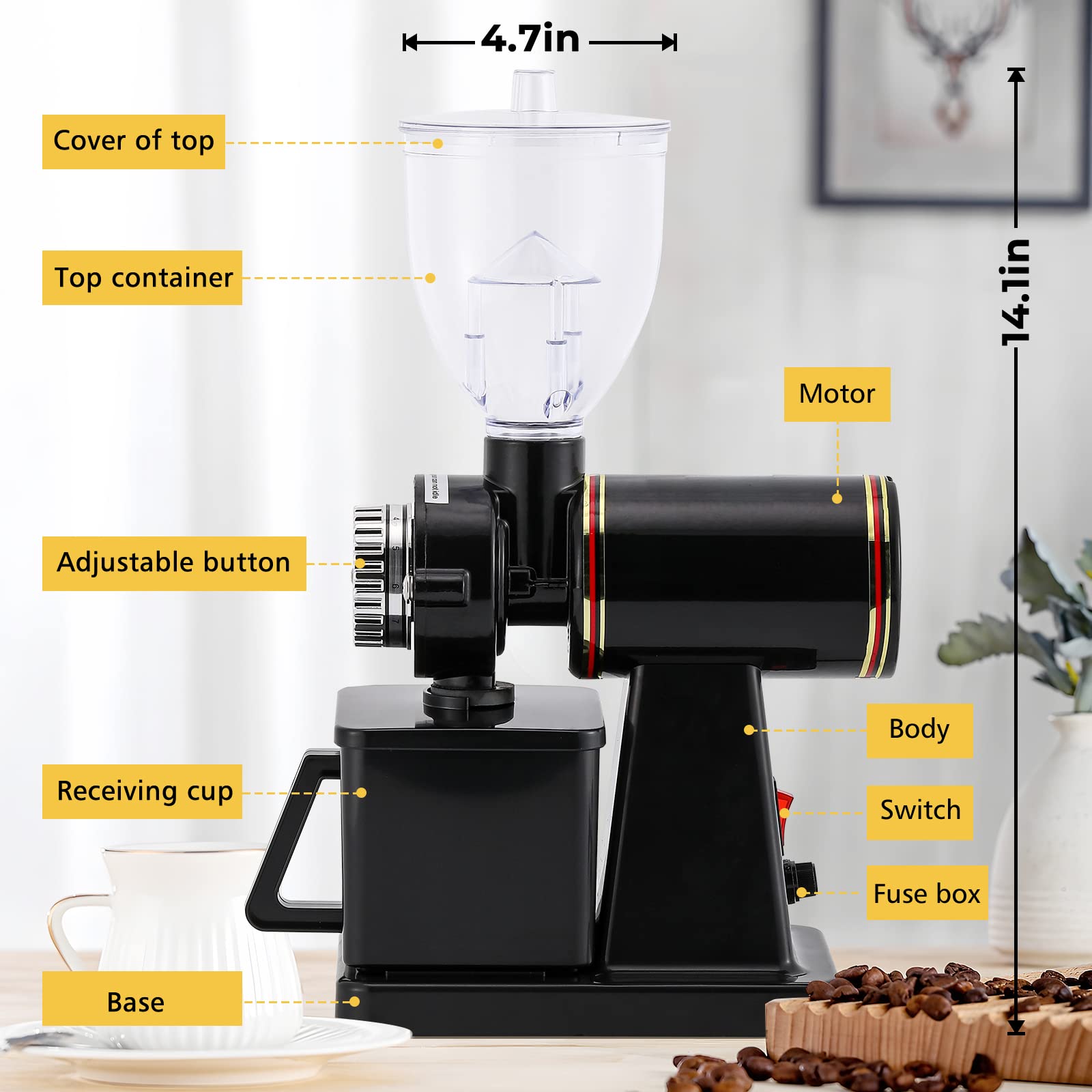 Flyseago Burr Coffee Grinder Electric Espresso Grinder Commercial & Homeuse Silent Small Coffee Bean Grinder with Hopper Adjustable Grind, With Brush, Spoon, Black