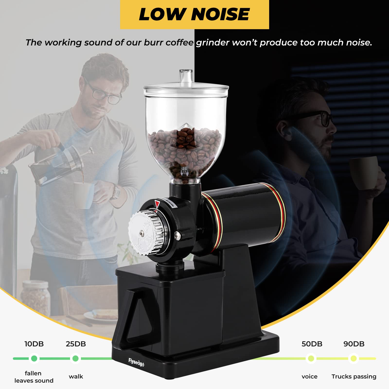 Flyseago Burr Coffee Grinder Electric Espresso Grinder Commercial & Homeuse Silent Small Coffee Bean Grinder with Hopper Adjustable Grind, With Brush, Spoon, Black