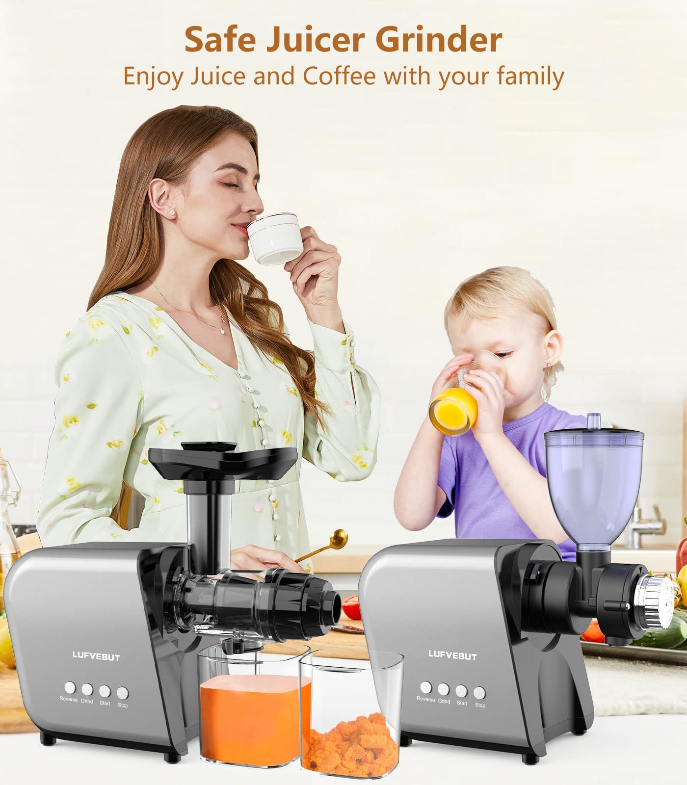 Cold Pressed Juicer Machine For Fruit and Vegetable, Coffee Grinder Machine, Slow Masticating Juicer Electric Coffee Bean Grinder from Espresso to Cold Brew, Easy to Clean Juice Extractor,Quiet Motor