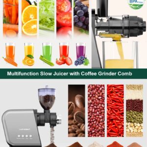 Cold Pressed Juicer Machine For Fruit and Vegetable, Coffee Grinder Machine, Slow Masticating Juicer Electric Coffee Bean Grinder from Espresso to Cold Brew, Easy to Clean Juice Extractor,Quiet Motor