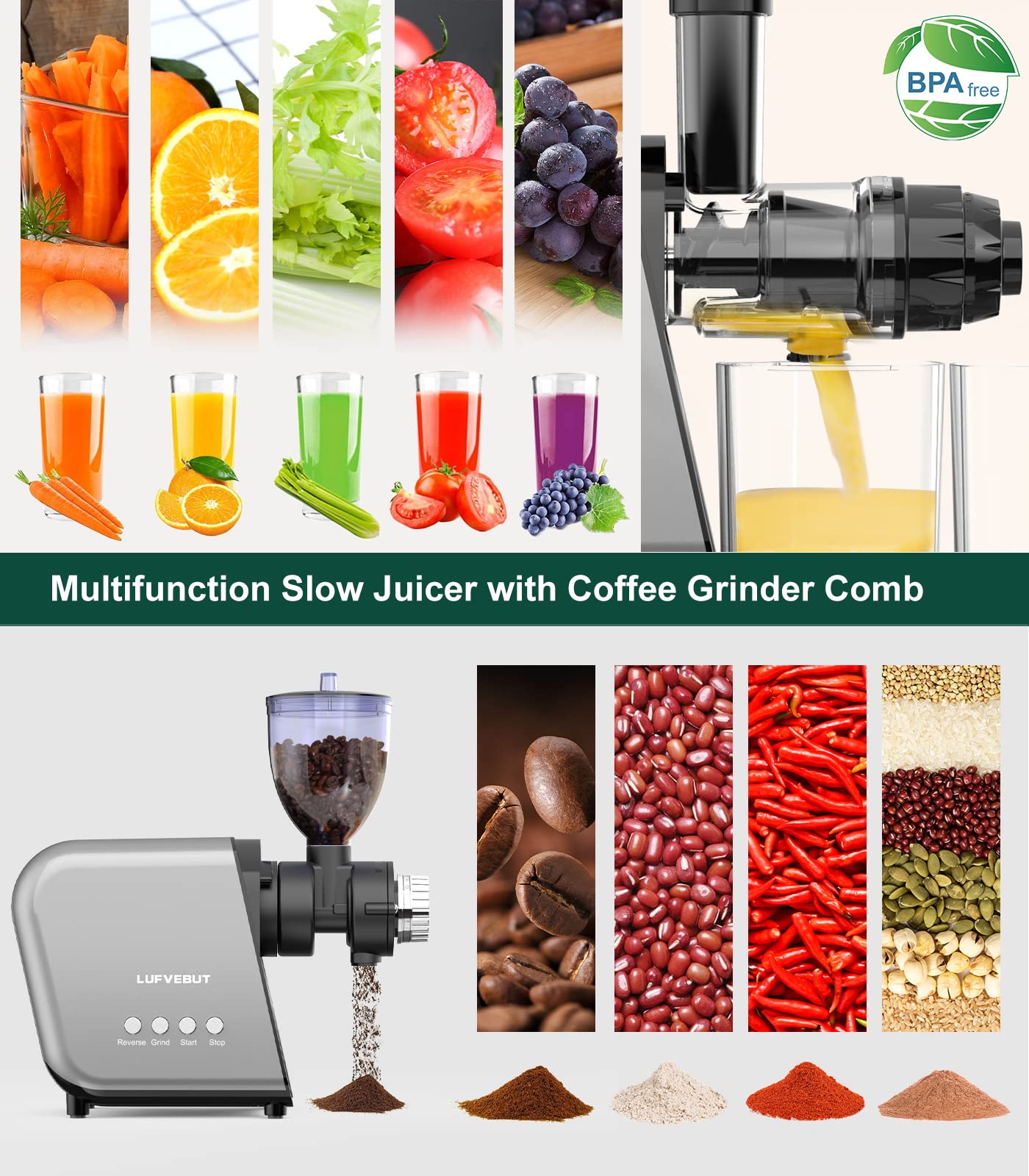 Cold Pressed Juicer Machine For Fruit and Vegetable, Coffee Grinder Machine, Slow Masticating Juicer Electric Coffee Bean Grinder from Espresso to Cold Brew, Easy to Clean Juice Extractor,Quiet Motor