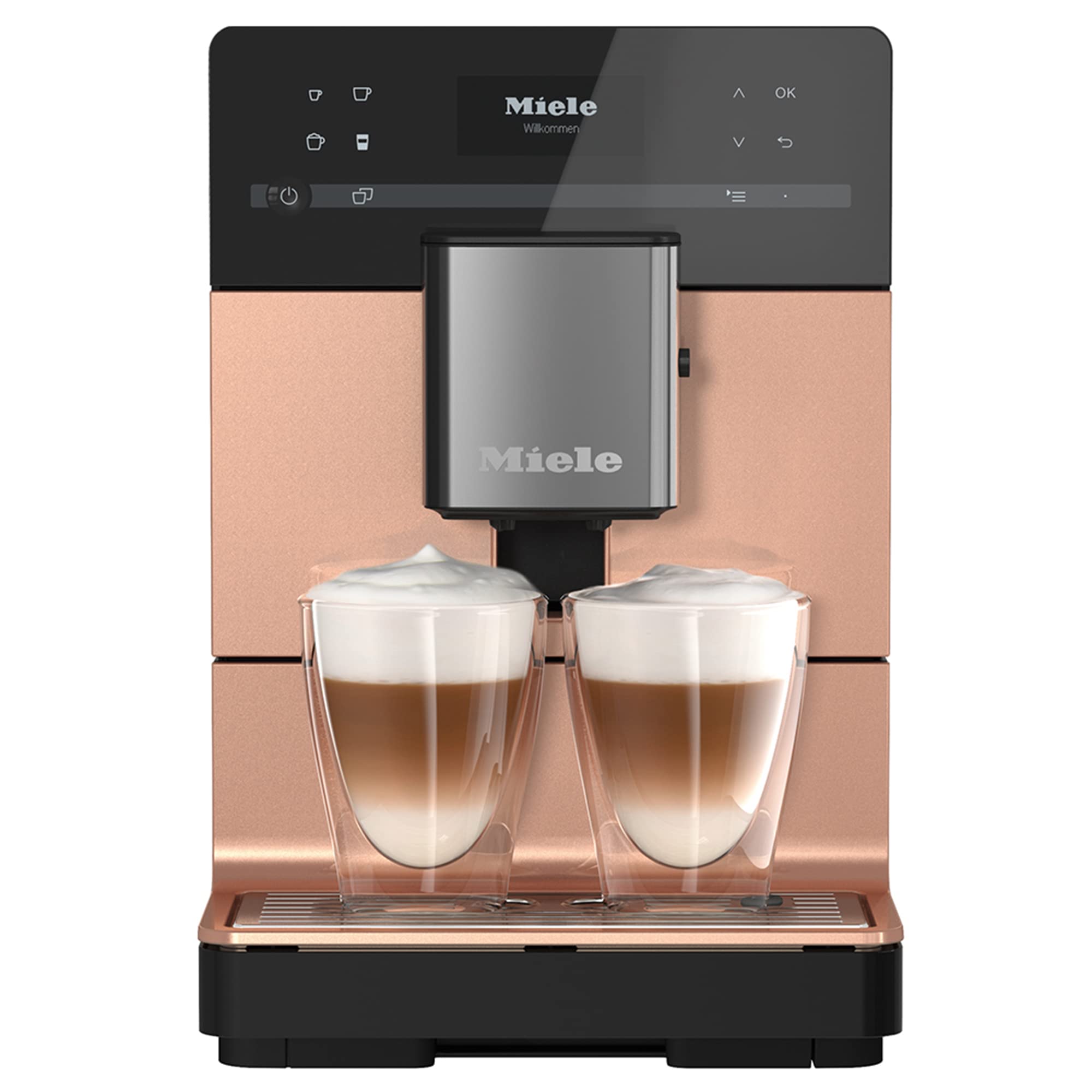 Miele CM 5510 Silence Automatic Coffee Machine in Rose Gold Pearl Finish with 33.8 oz MB-CM-G Glass Milk Container