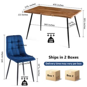 NORDICANA 5-Piece Dining Table Set, 47 in Modern Irregular Rectangle Kitchen Table & 4 Navy Blue Velvet Upholstery Side Chairs, Metal Legs, Dining Room Set for 4