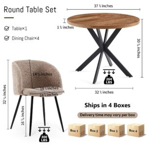 NORDICANA 5 Pieces 37-Inch Round Dining Table and Upholstered Chairs for Four Person, MDF Table-top, Light Brown Fuzzy Sherpa Armchairs with Black Metal Leg for Kitchen, Reception Room