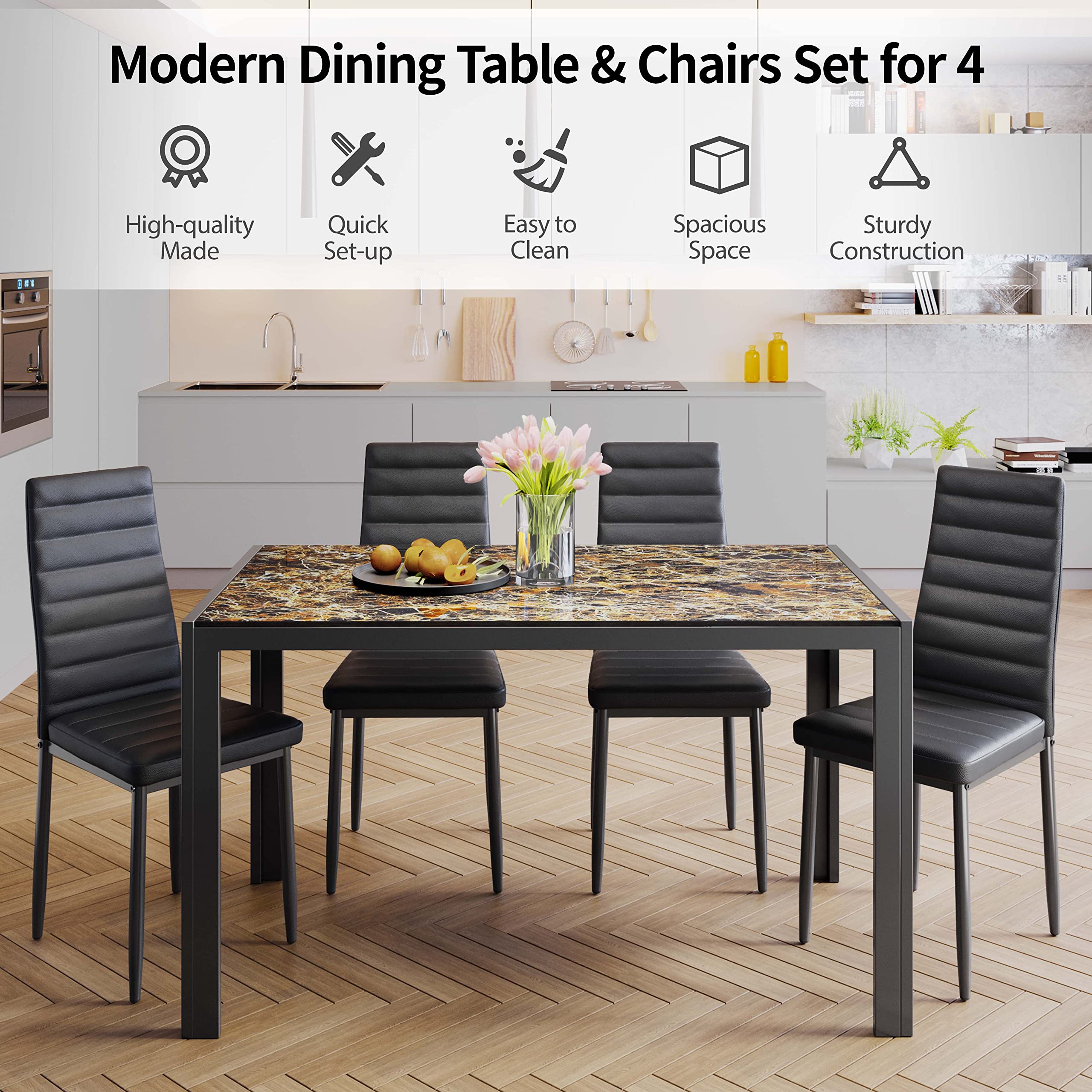 Gizoon 5 Piece Glass Dining Table Set, Kitchen and Chairs for 4, PU Leather Modern Room Sets for Home, Kitchen, Living Room