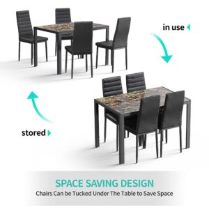 Gizoon 5 Piece Glass Dining Table Set, Kitchen and Chairs for 4, PU Leather Modern Room Sets for Home, Kitchen, Living Room