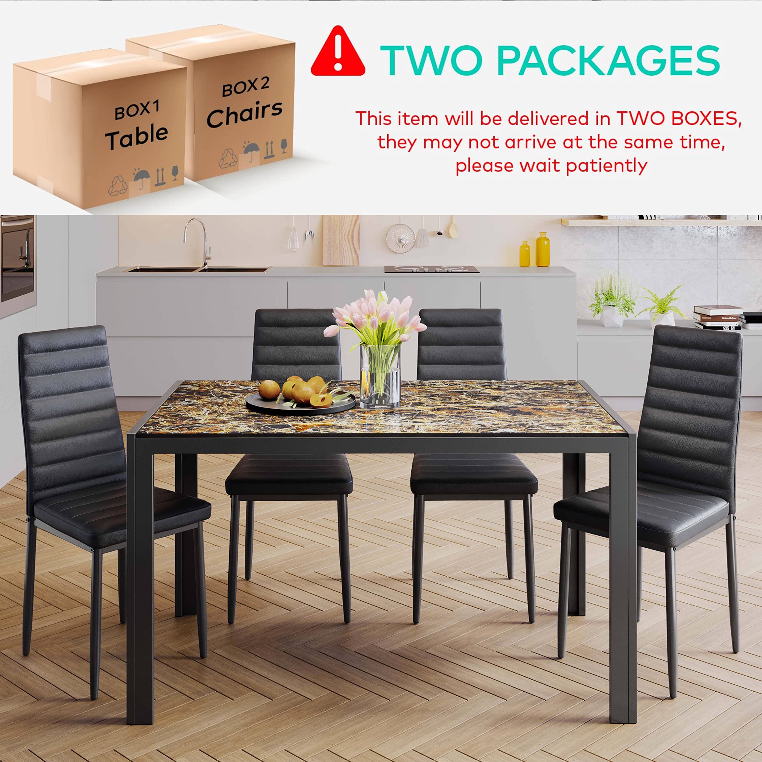 Gizoon 5 Piece Glass Dining Table Set, Kitchen and Chairs for 4, PU Leather Modern Room Sets for Home, Kitchen, Living Room