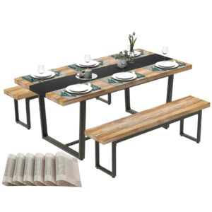 sthouyn 71” 6ft dinner table set for 6 8 12 seat dining room table with bench, rectangular farmhouse modern kitchen long table, black & brown industrial dining conference table (3 piece 71")