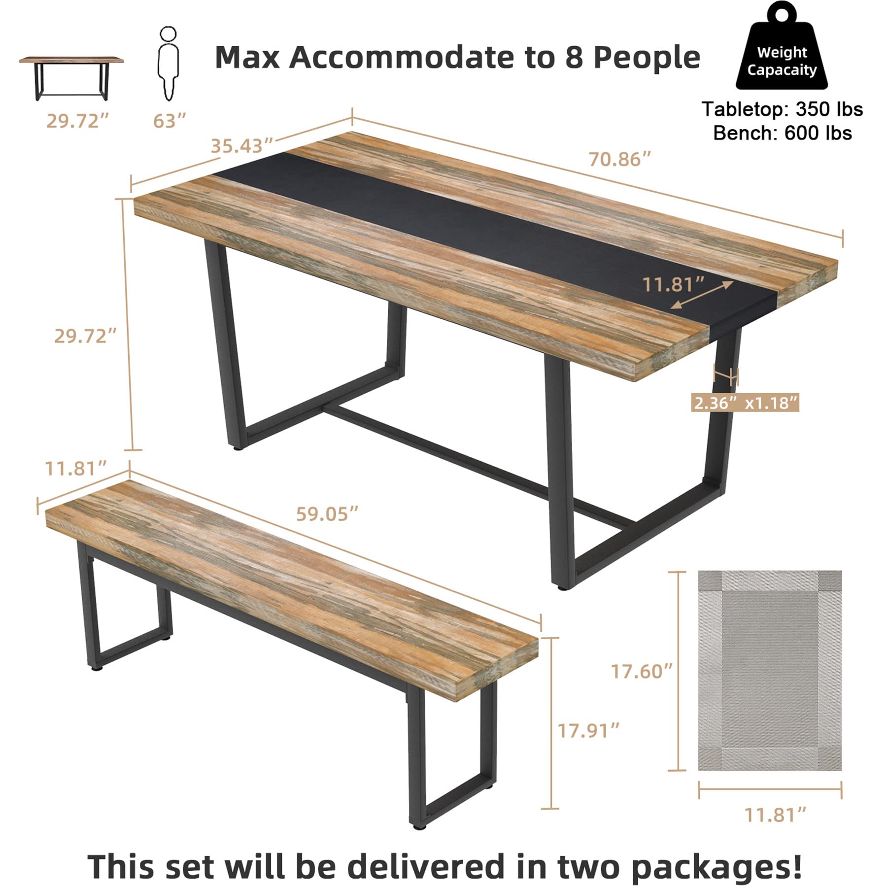 STHOUYN 71” 6ft Dinner Table Set for 6 8 12 Seat Dining Room Table with Bench, Rectangular Farmhouse Modern Kitchen Long Table, Black & Brown Industrial Dining Conference Table (3 Piece 71")