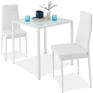 best choice products 3-piece glass dining set, modern kitchen table furniture for dining room, dinette, compact space-saving w/glass tabletop, 2 upholstered pu chairs, metal steel frame - white