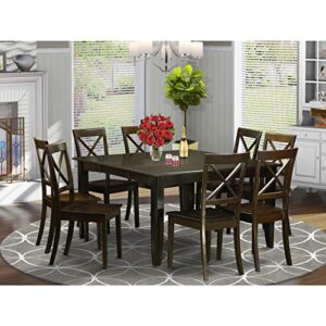 east west furniture pfbo9-cap-w 9 piece modern dining table set includes a square wooden table with butterfly leaf and 8 kitchen dining chairs, 54x54 inch, cappuccino