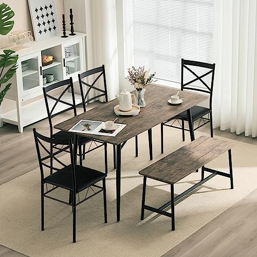 VINGLI 55in Modern Dining Table Set for 6, Rectangular Kitchen Dining Table, Bench, 6 Piece Wooden Dinner Table Set with Upholstered Chairs for Kitchen, Dining Room, Apartment - Rustic Brown