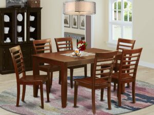 east west furniture duml7-mah-w 7-piece kitchen table set - a rectangular modern dining table - 6 wood dining chairs with solid wood seat & ladder back - mahogany finish