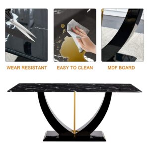 JUFU 71" Modern Dining Room Table Set for 6, Black Marble Faux Kichen Table Set with U-Shaped Base，Luxurious Rectangular Diner Table ANG Leather Dining Chairs with Golden Legs