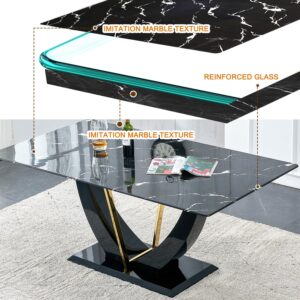 JUFU 71" Modern Dining Room Table Set for 6, Black Marble Faux Kichen Table Set with U-Shaped Base，Luxurious Rectangular Diner Table ANG Leather Dining Chairs with Golden Legs