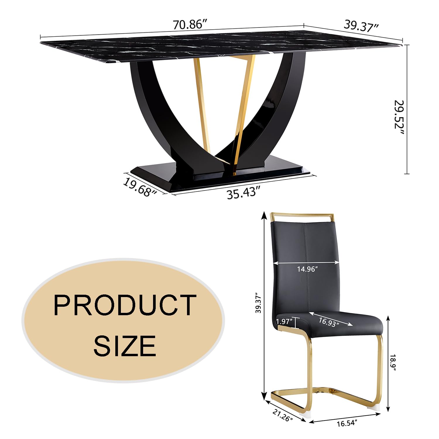 JUFU 71" Modern Dining Room Table Set for 6, Black Marble Faux Kichen Table Set with U-Shaped Base，Luxurious Rectangular Diner Table ANG Leather Dining Chairs with Golden Legs