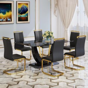 JUFU 71" Modern Dining Room Table Set for 6, Black Marble Faux Kichen Table Set with U-Shaped Base，Luxurious Rectangular Diner Table ANG Leather Dining Chairs with Golden Legs