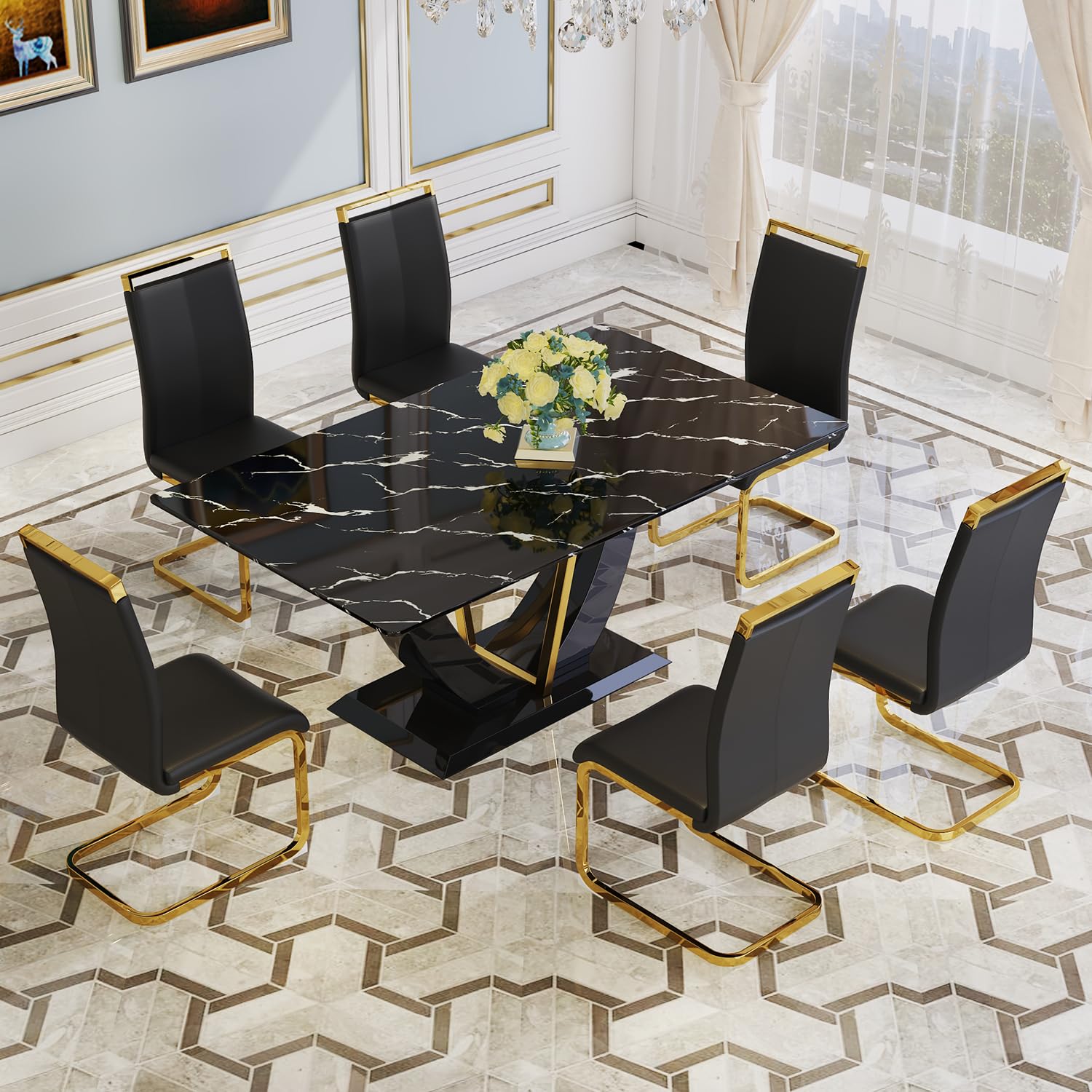 JUFU 71" Modern Dining Room Table Set for 6, Black Marble Faux Kichen Table Set with U-Shaped Base，Luxurious Rectangular Diner Table ANG Leather Dining Chairs with Golden Legs