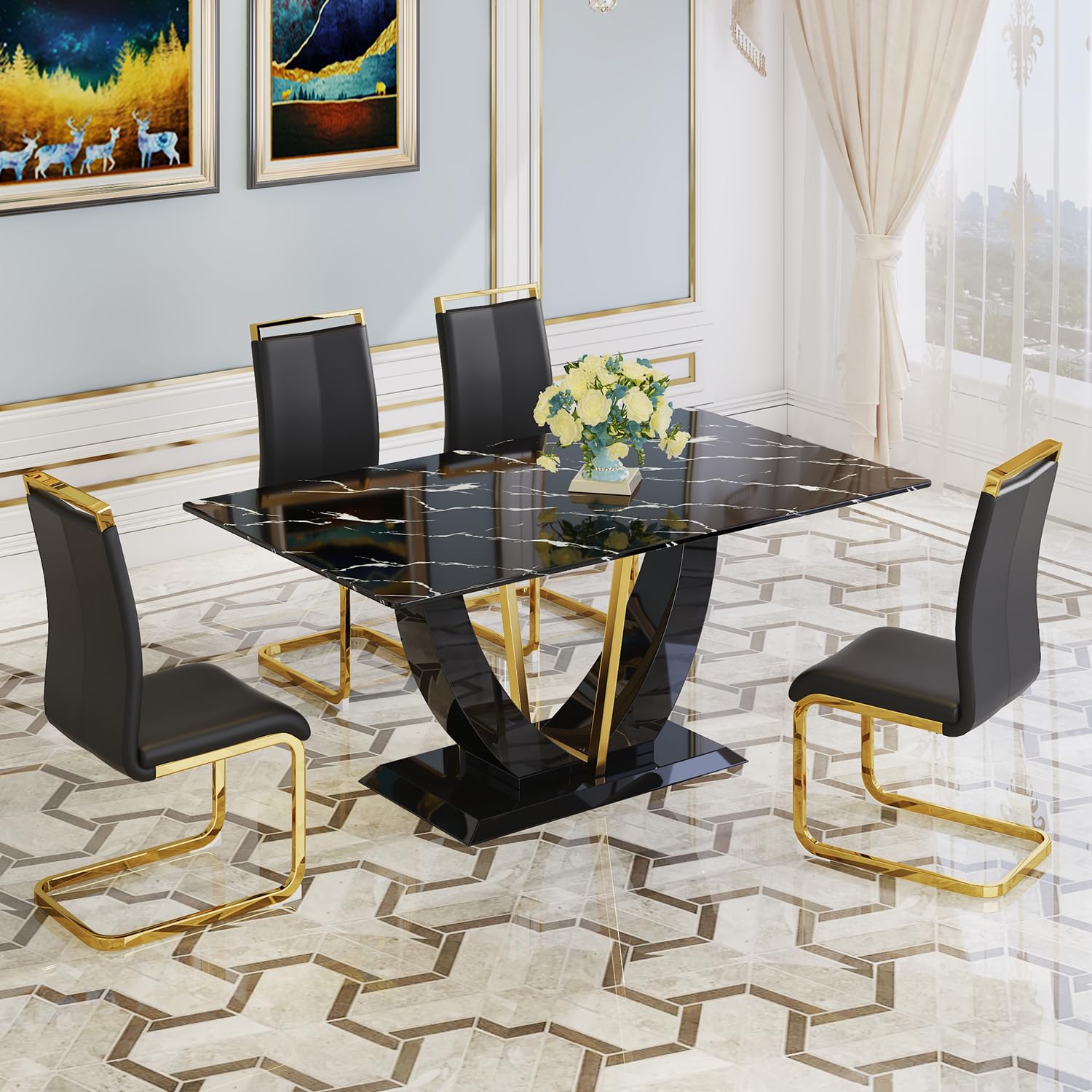 JUFU 71" Modern Dining Room Table Set for 6, Black Marble Faux Kichen Table Set with U-Shaped Base，Luxurious Rectangular Diner Table ANG Leather Dining Chairs with Golden Legs