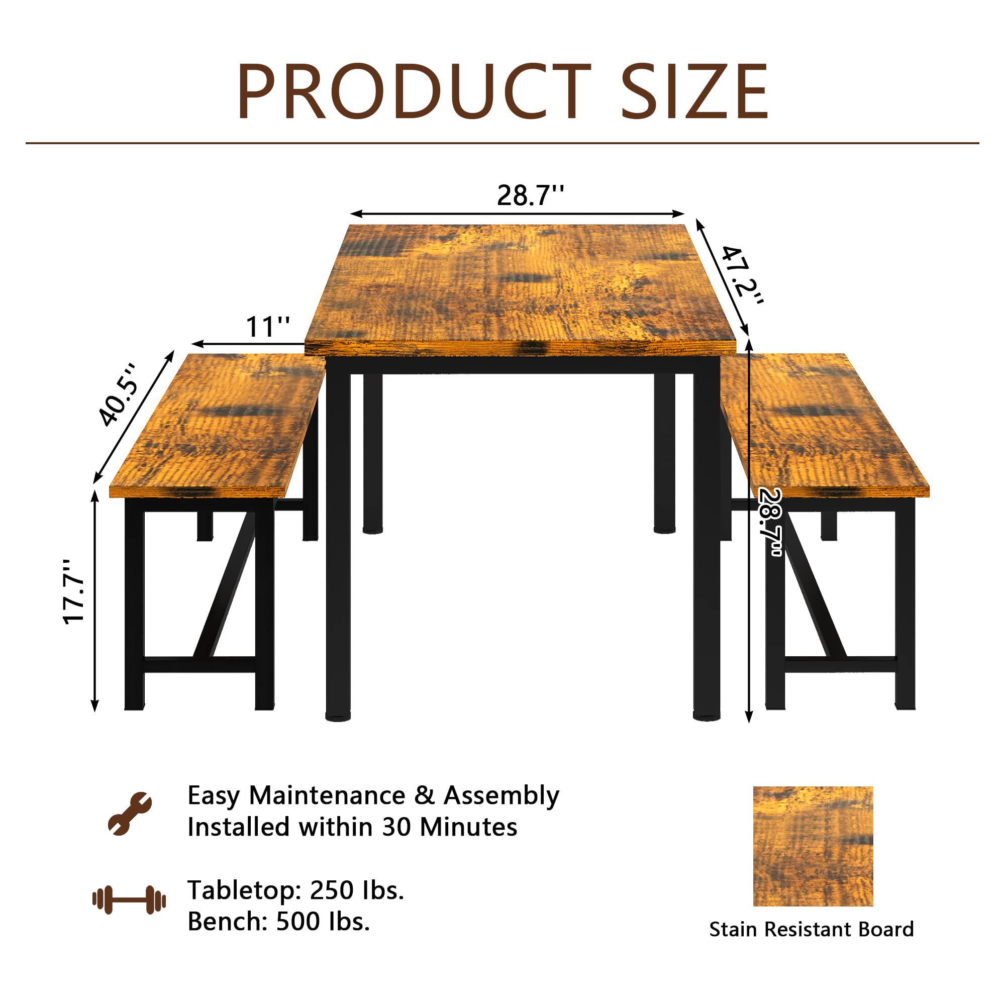 AWQM Dining Table Set with Two Benches, Kitchen Table Set for 4-6 Persons, Kitchen Table of 47.2x28.7x28.7 inches, Benches of 40.5x11.0x17.7 inches, Rustic Brown