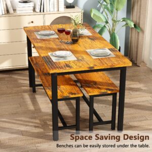 AWQM Dining Table Set with Two Benches, Kitchen Table Set for 4-6 Persons, Kitchen Table of 47.2x28.7x28.7 inches, Benches of 40.5x11.0x17.7 inches, Rustic Brown