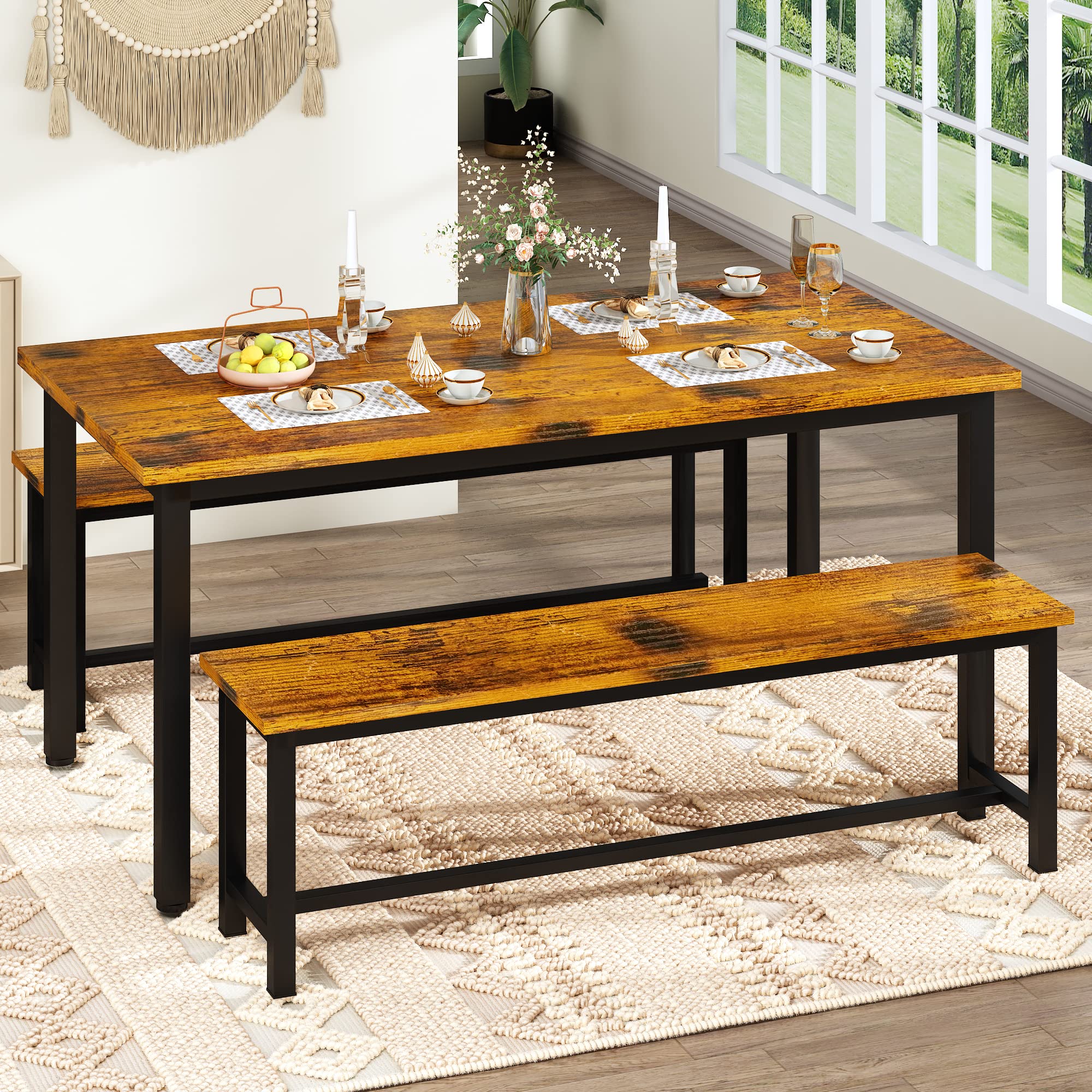 AWQM Dining Table Set with Two Benches, Kitchen Table Set for 4-6 Persons, Kitchen Table of 47.2x28.7x28.7 inches, Benches of 40.5x11.0x17.7 inches, Rustic Brown