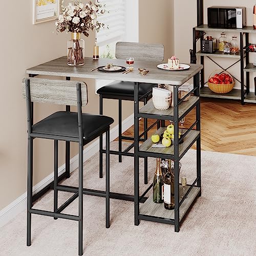 Amyove Dining Table Set for 2, Bar Table and Chairs for 2, Kitchen Table Set with 2 Upholstered Chairs, 3 Large Storage Shelves, Pub Table Set for Small Space, Apartment, Breakfast, Rustic Grey