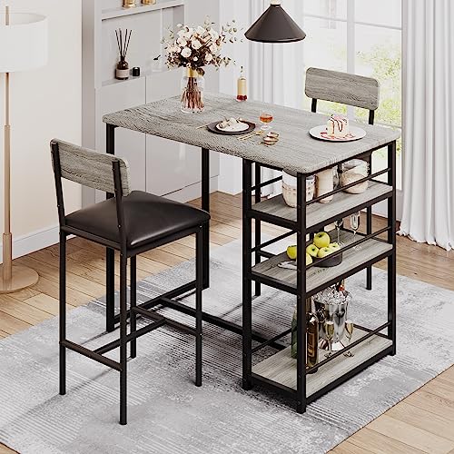 Amyove Dining Table Set for 2, Bar Table and Chairs for 2, Kitchen Table Set with 2 Upholstered Chairs, 3 Large Storage Shelves, Pub Table Set for Small Space, Apartment, Breakfast, Rustic Grey