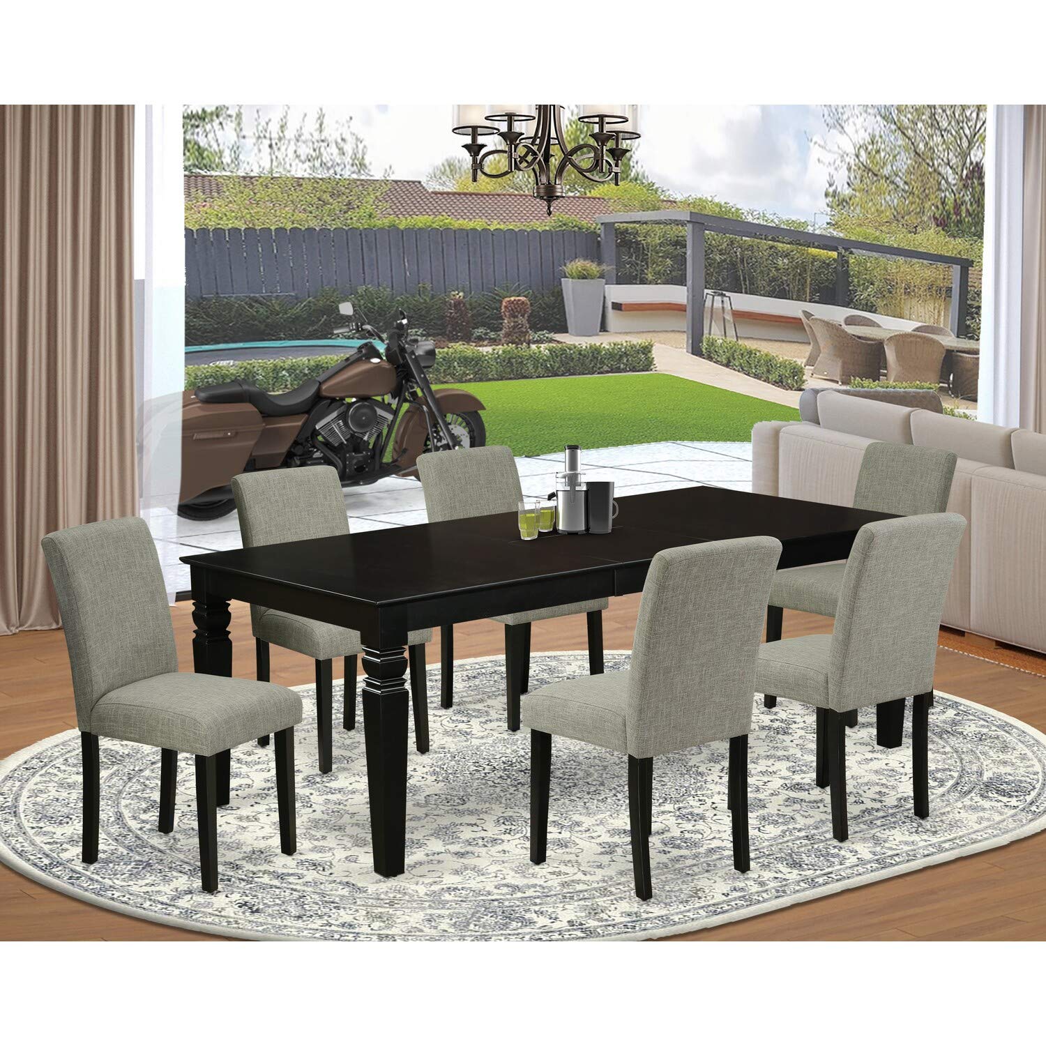 East West Furniture LGAB7-BLK-06 7Pc Room Set Includes a Rectangle 66/84 Inch Kitchen Table with Butterfly Leaf and 6 Parson Chair with Black Leg and Linen Fabric Shitake, 42x84 Inch