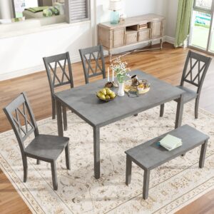 harper & bright designs 6-piece dining set with bench, kitchen table set with wood table, bench and 4 cross back dining chairs, graywash