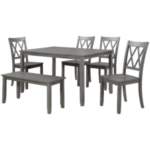 Harper & Bright Designs 6-Piece Dining Set with Bench, Kitchen Table Set with Wood Table, Bench and 4 Cross Back Dining Chairs, Graywash