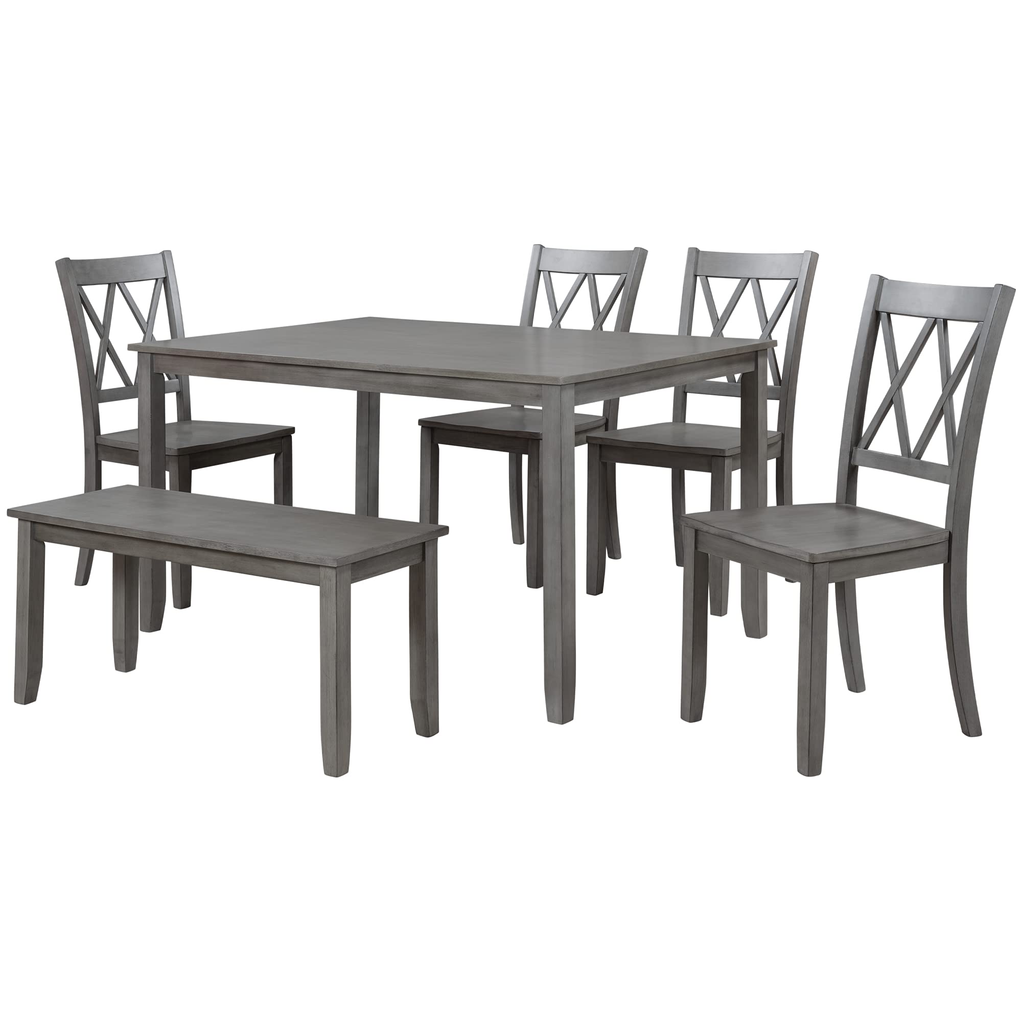 Harper & Bright Designs 6-Piece Dining Set with Bench, Kitchen Table Set with Wood Table, Bench and 4 Cross Back Dining Chairs, Graywash