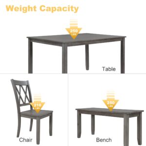 Harper & Bright Designs 6-Piece Dining Set with Bench, Kitchen Table Set with Wood Table, Bench and 4 Cross Back Dining Chairs, Graywash